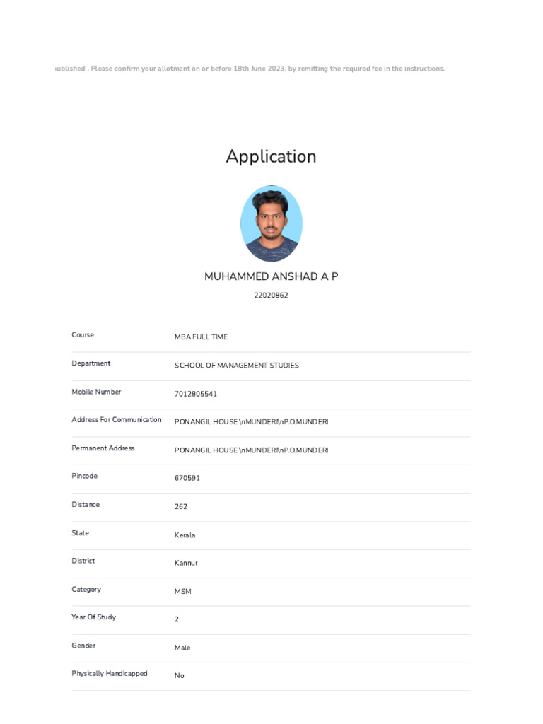 Application: Muhammed Anshad A P | PDF