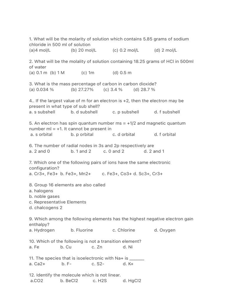 Chemistry Molarity and Quantum Questions | PDF | Atomic Orbital | Ion