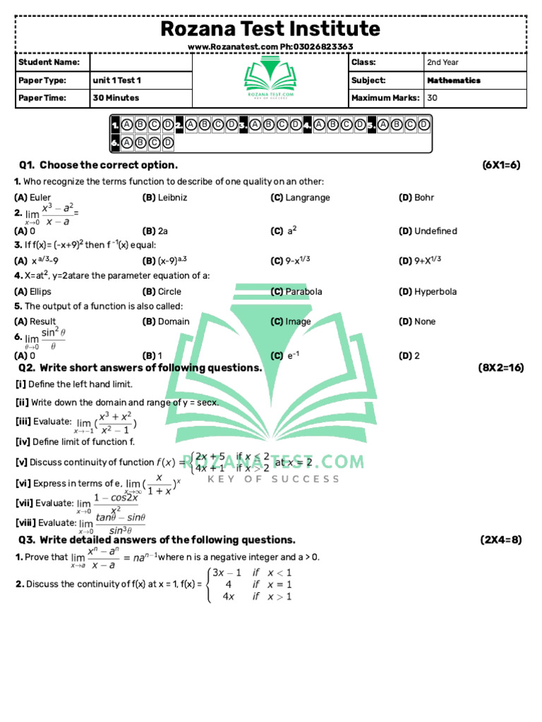 2nd Year Math Chapter Wise Test | PDF | Triangle | Function (Mathematics)