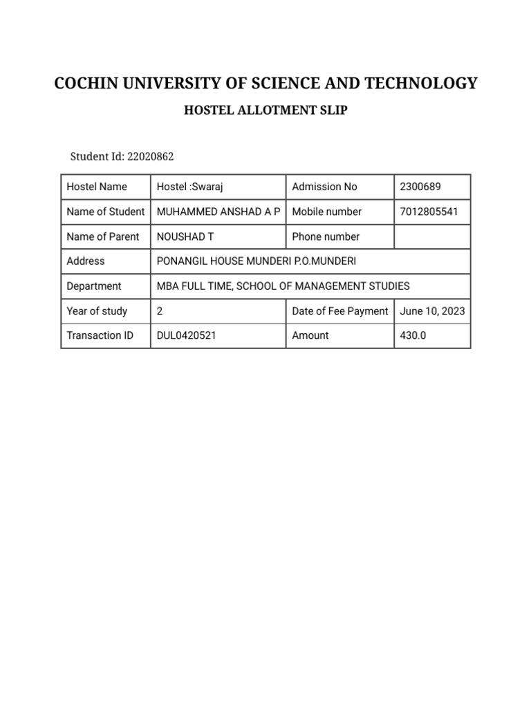 CUSAT Hostel Allotment Slip for MBA Student | PDF