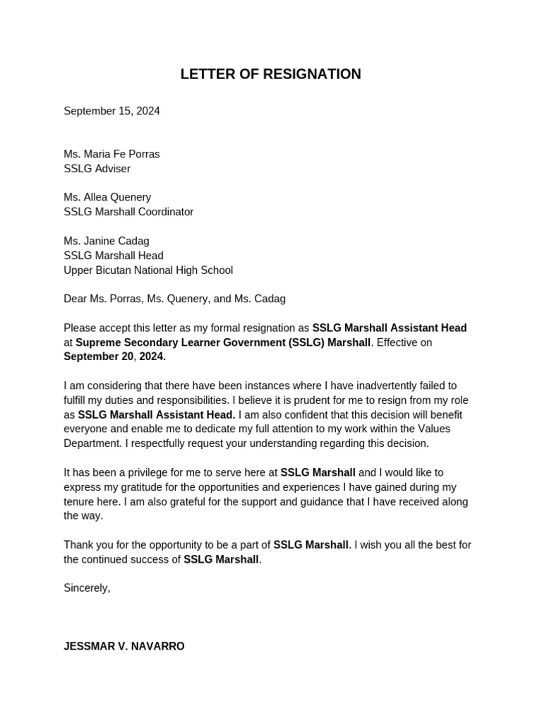 Resignation from SSLG Marshall Role | PDF