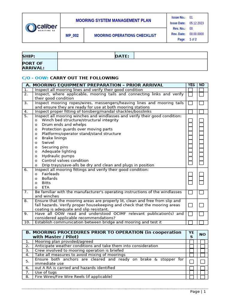 Mooring Operations Checklist Guide | PDF | Shipping | Water Transport
