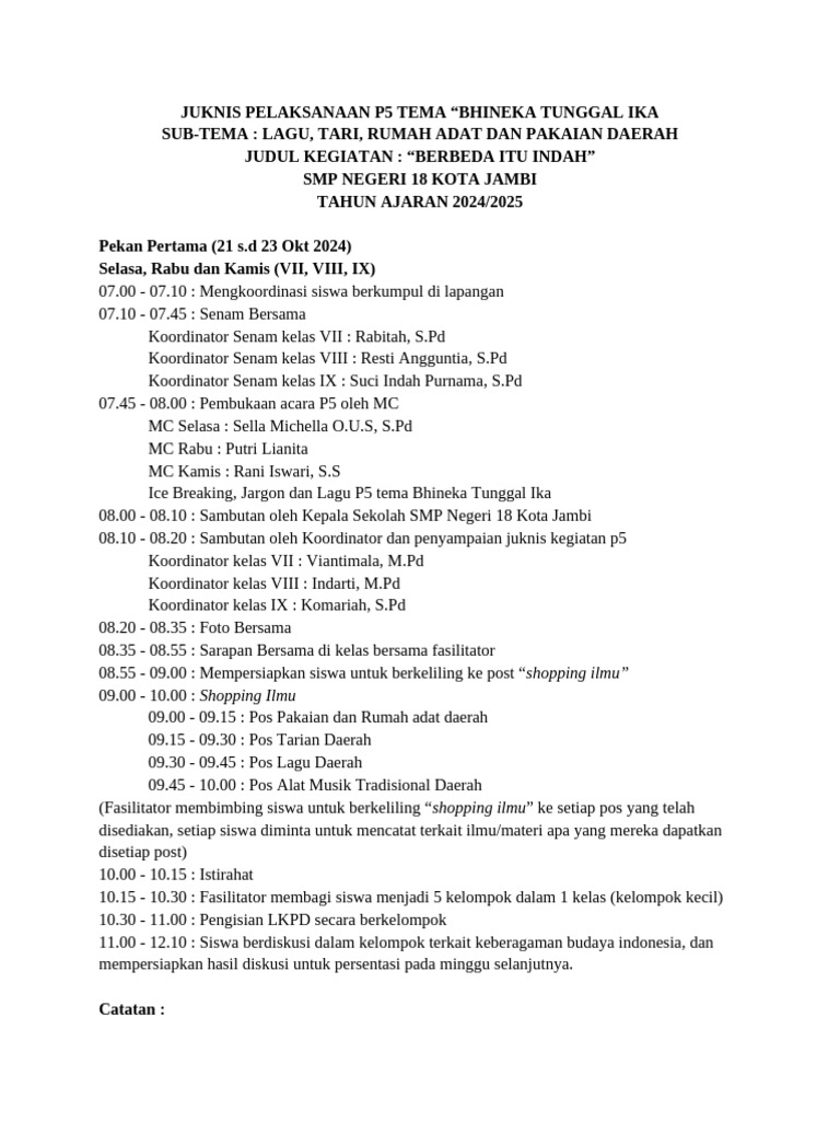 Juknis Pelaksanaan p5 Tema Bhineka Tunggal Ika | PDF