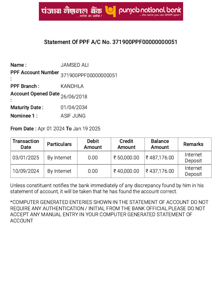 PPF Account Statement 2024-2025 | PDF