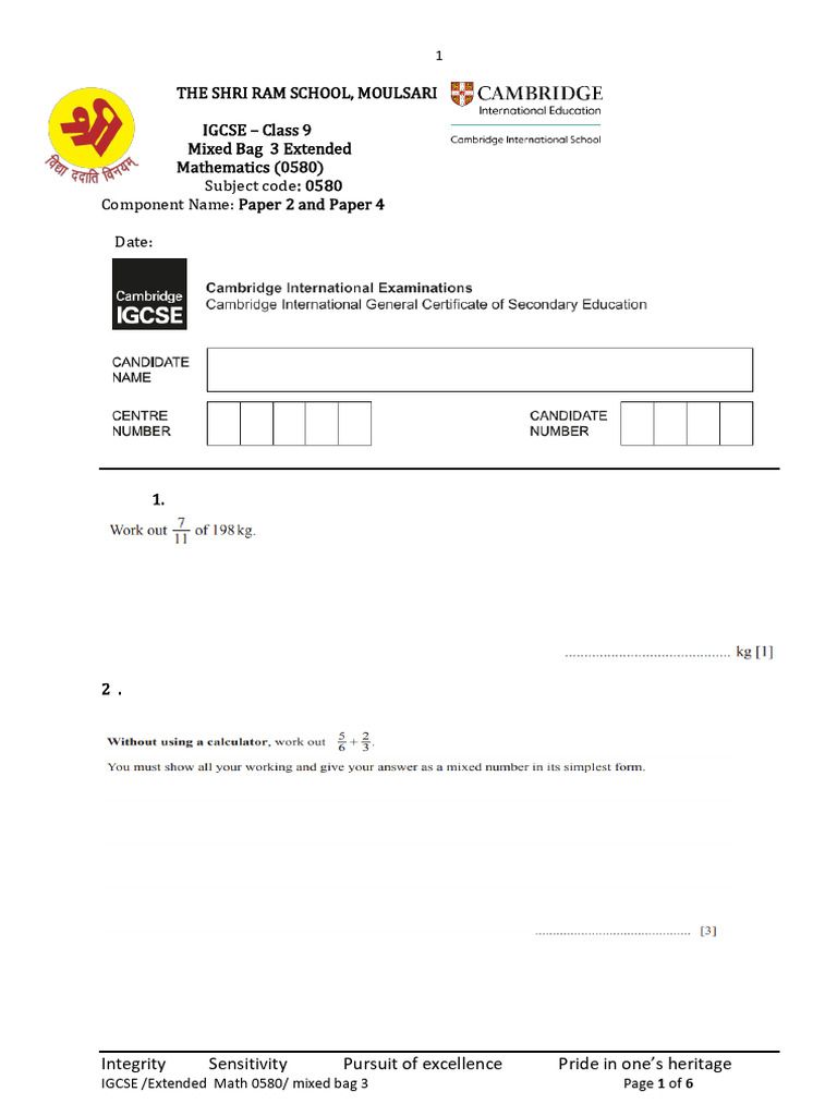 The Shri Ram School, Moulsari Igcse Class 9 Mixed Bag 3 Extended Mathematics (0580) Subject Code ...