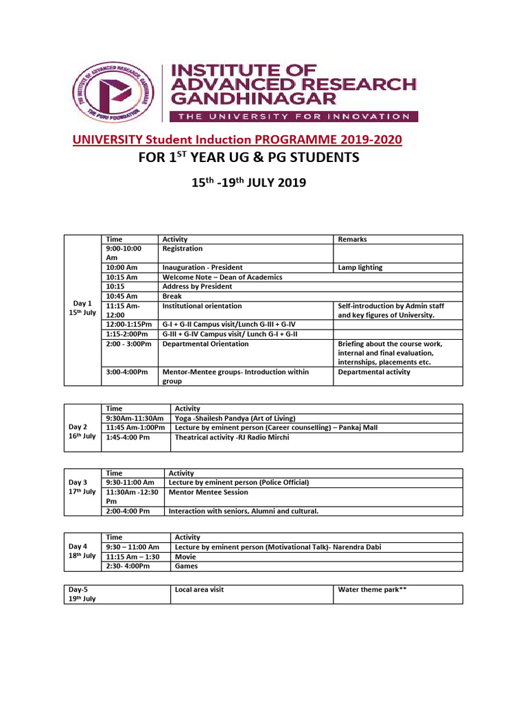 IAR Tentative Schedule of Induction Program 2019 | PDF