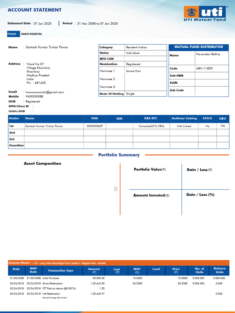Account Statement: Santosh Kumar Turkar Pawar | PDF | Mutual Funds | Investing