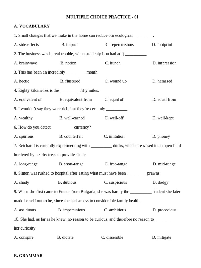 MULTIPLE CHOICE PRACTICE - 01 | PDF