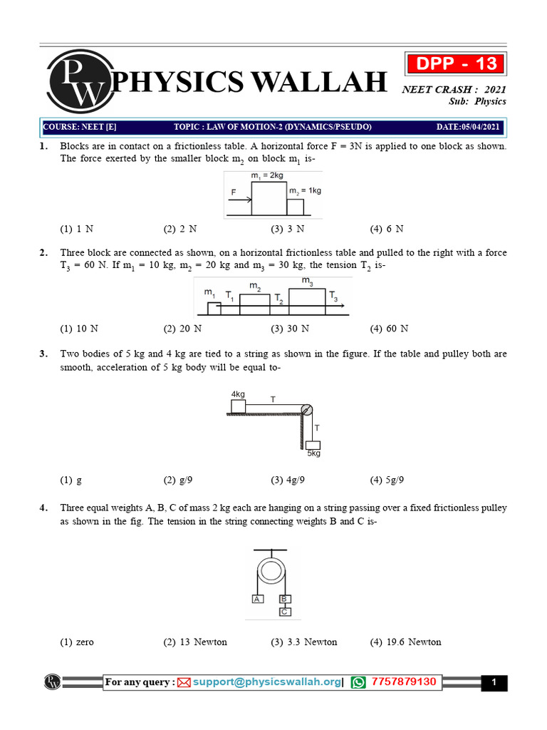 NEET Physics DPP-13: Laws of Motion | PDF | Tension (Physics) | Force