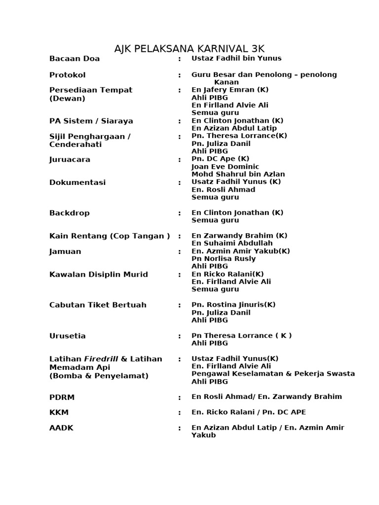 AJK PELAKSANA KARNIVAL 3K DAN TENTATIF | PDF
