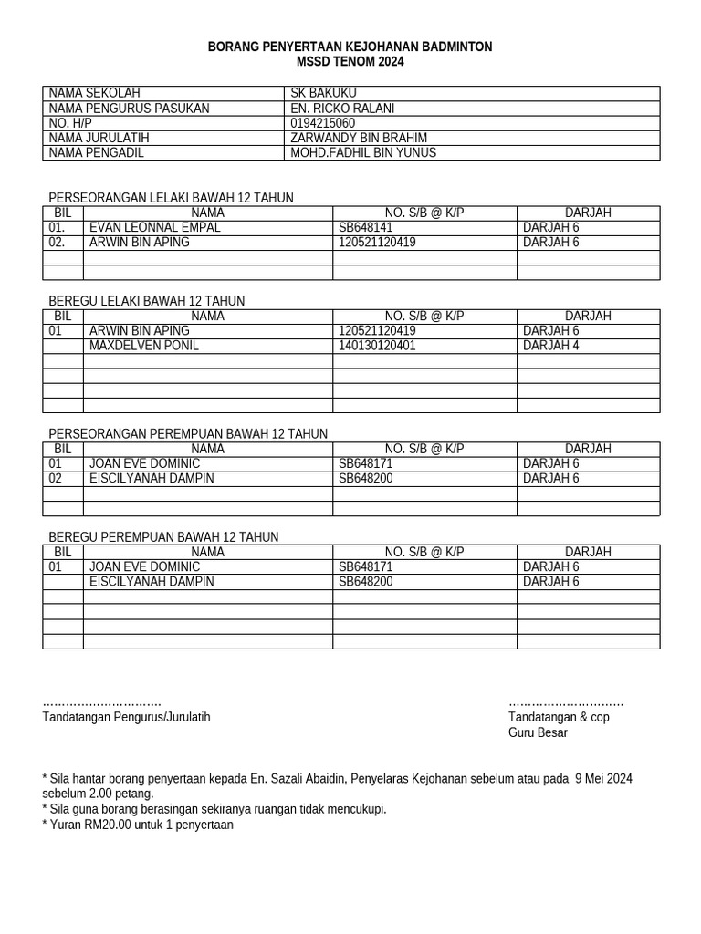 Borang Penyertaan Kejohanan Badminton | PDF
