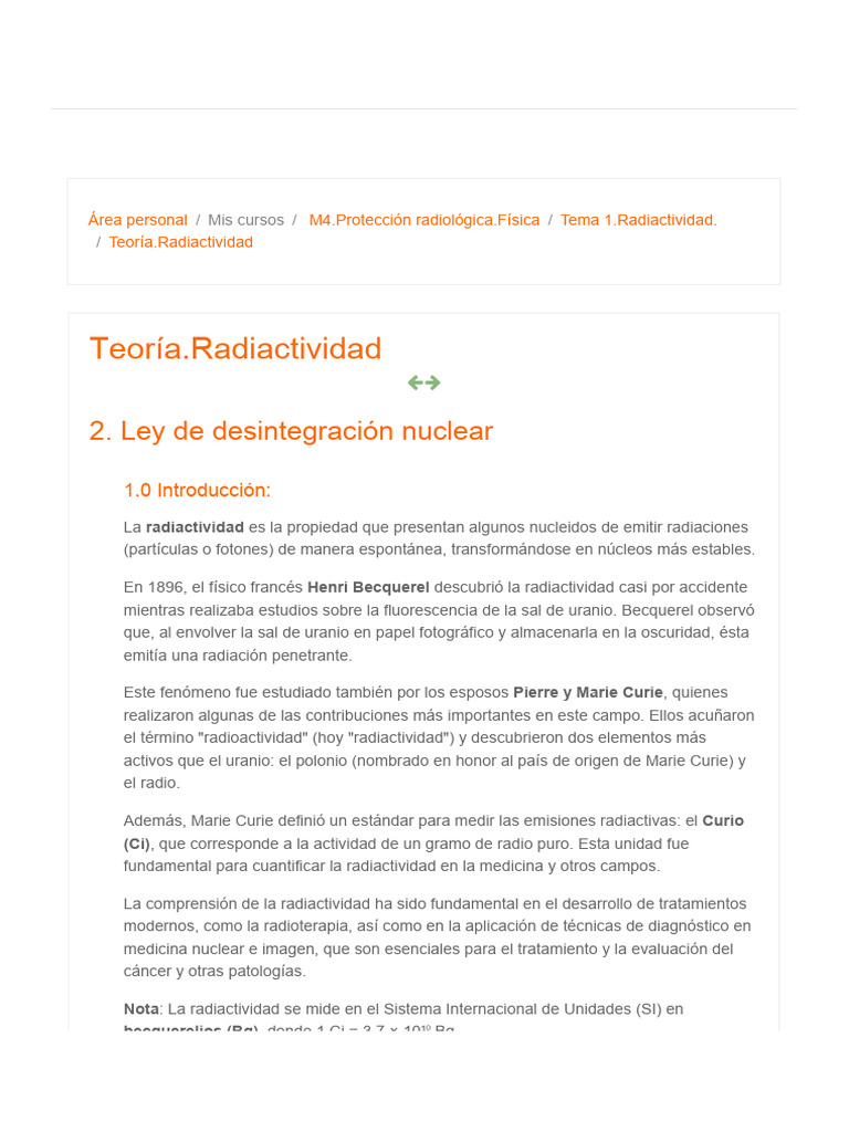 Teoría.Radiactividad - Ley de Desintegración Nuclear | PDF | Desintegración radioactiva | Física ...