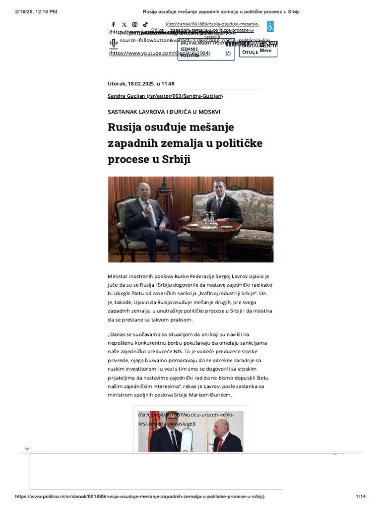 Rusija Osuđuje Mešanje Zapadnih Zemalja U Političke Procese U Srbiji | PDF