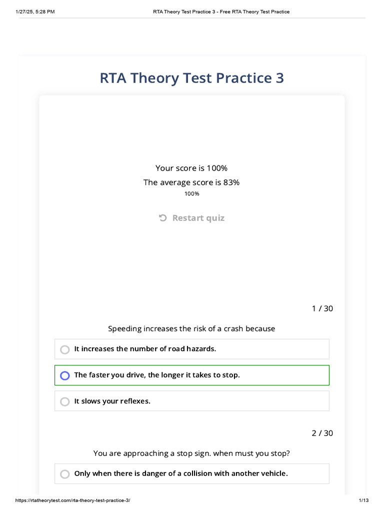 RTA Theory Test Practice 3 - Free RTA Theory Test Practice | PDF ...