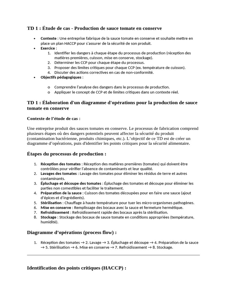 TD1 et TD2 avec corrections HACCP | PDF | Analyse des dangers et points critiques pour leur maîtrise
