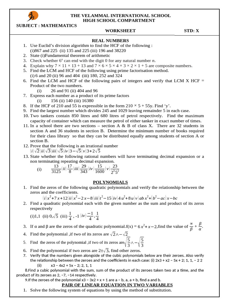 X MATHS worksheets 2022-23 | PDF | Trigonometry | Polynomial
