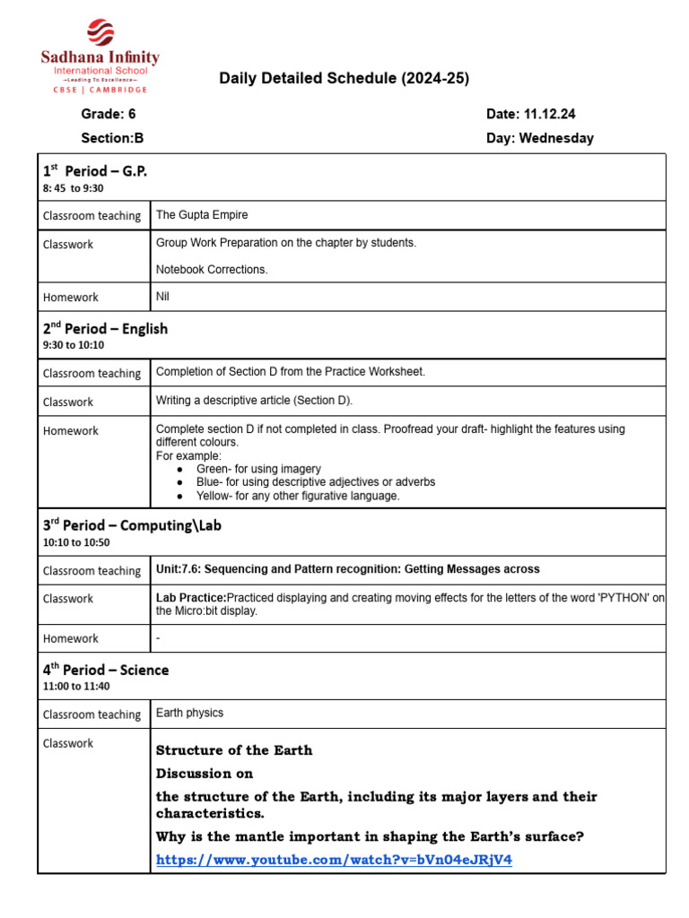 Grade 6B Daily Schedule | PDF | Plate Tectonics | Earth