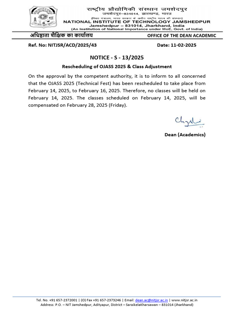 Rescheduling of OJASS 2025 & Class Adjustment | PDF