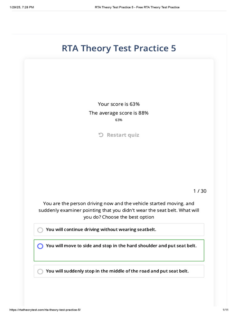 RTA Theory Test Practice Quiz | PDF | Traffic | Seat Belt