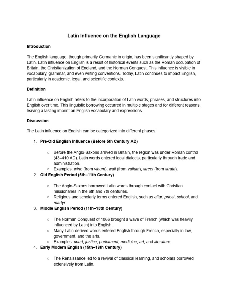 Latin Influence On The English Language | PDF | English Language | Latin