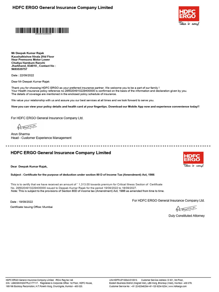 HDFC Insurance Policy Certificate 2950204910229400000 | PDF | Insurance | Financial Services
