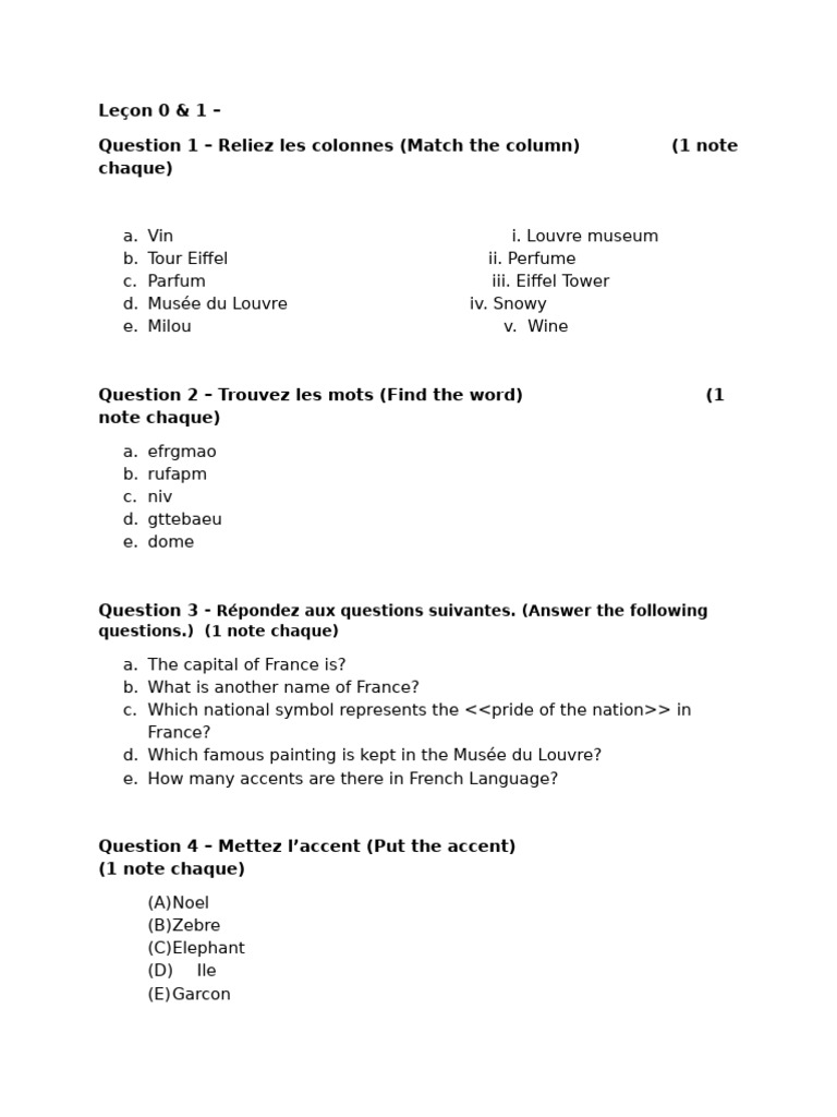 Grade 4 - French Question Paper - Leçon 0 & 1 | PDF