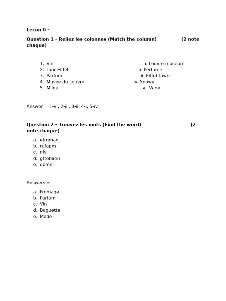 Grade 4 - French Question Paper - Answer Keys | PDF