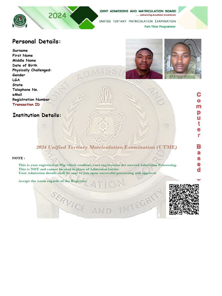 2024 UTME Registration Slip for Muhammed Bello | PDF