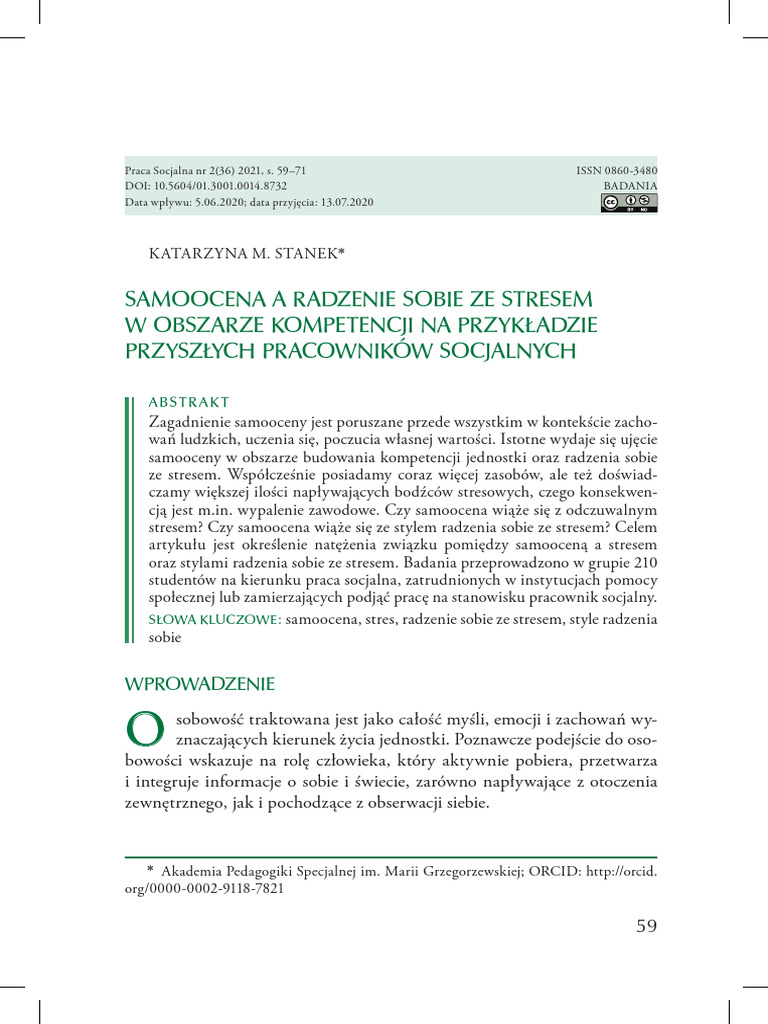 Samoocena A Radzenie Sobie Ze Stres | PDF