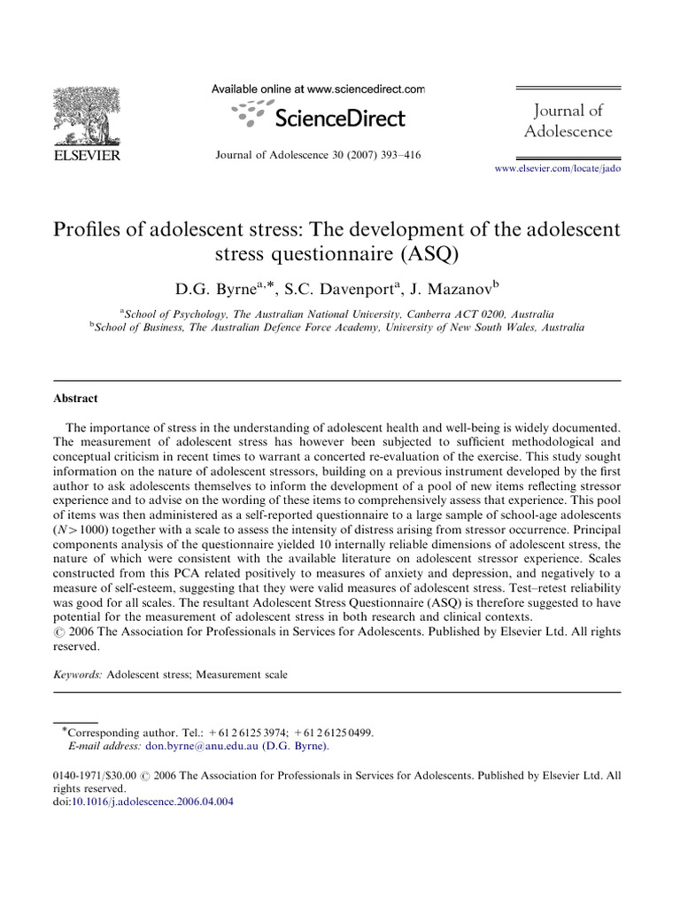 Adolescent Stress Questionnaire Development | PDF | Principal Component ...