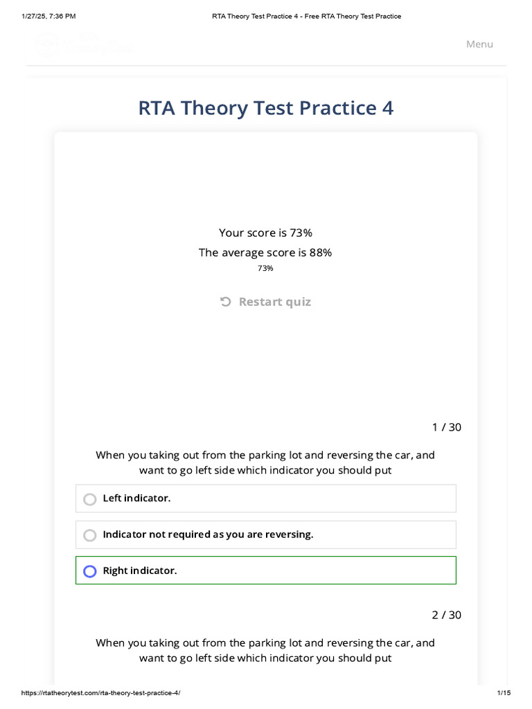 RTA Theory Test Practice Quiz | PDF | Traffic | Intersection (Road)