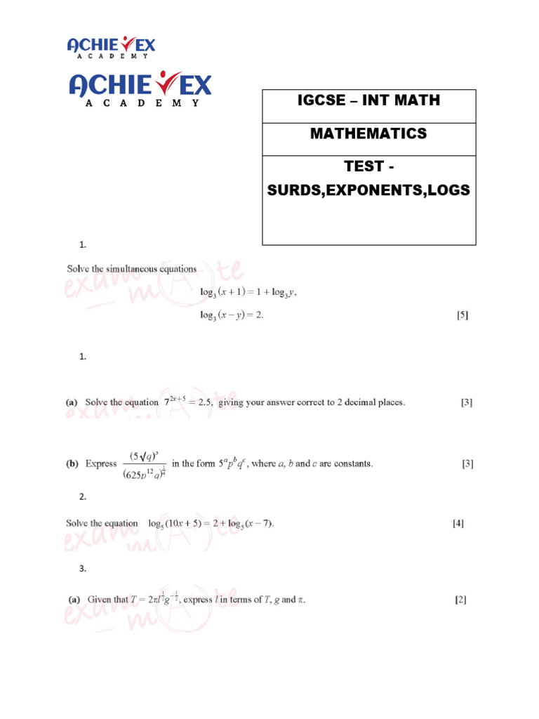 INT MATHS Log, Exp, Surds | PDF