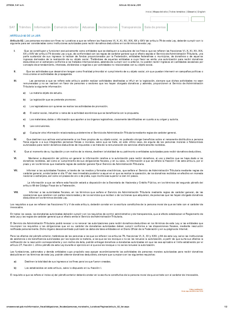 Artículo 82 de La LISR SAT No Lucrativas | PDF