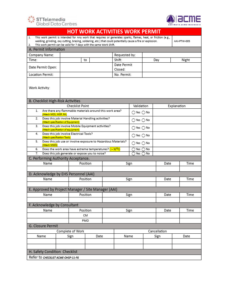 (AAI-PTW-005)Permit to Work Hot Works Form | PDF | Secondary Sector Of ...