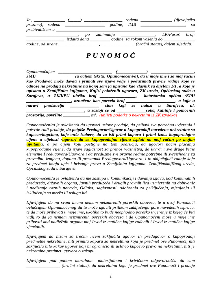 Punomoć Za Prodaju | PDF