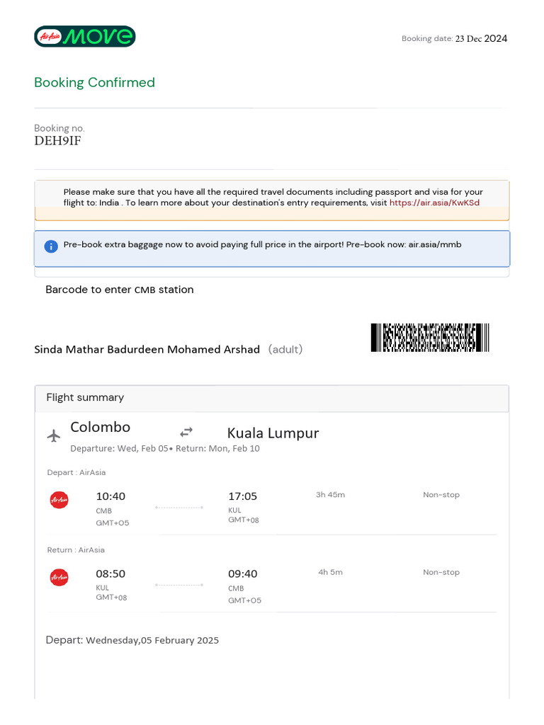 Airasia Flight Ticket | PDF