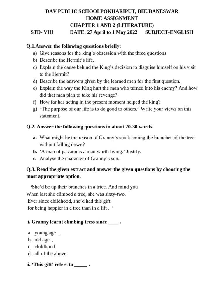 Home Assignment Std Viii English | PDF