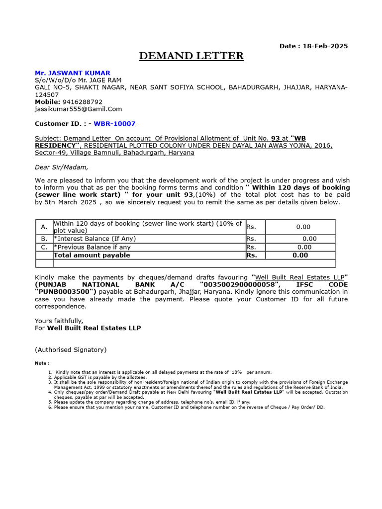 Demand Letter for Unit 93 Payment | PDF | Cheque