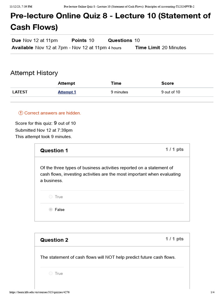 Pre-lecture Online Quiz 8 - Lecture 10 (Statement of Cash Flows ...