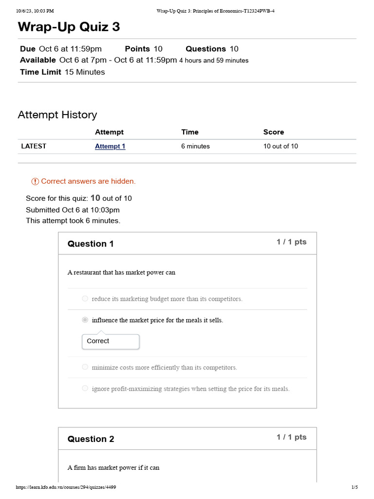Wrap-Up Quiz 3 - Principles of Economics-T12324PWB-4 | PDF | Market Power | Market (Economics)