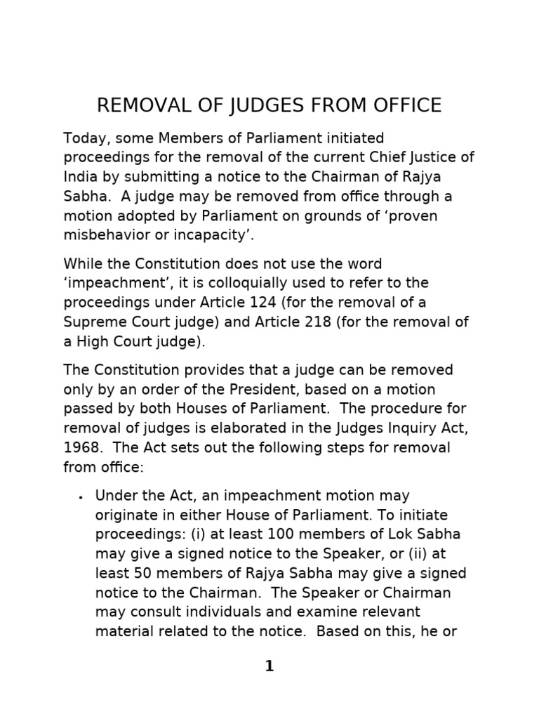 Removal of Judges From Office | PDF | Impeachment | Supreme Court Of India