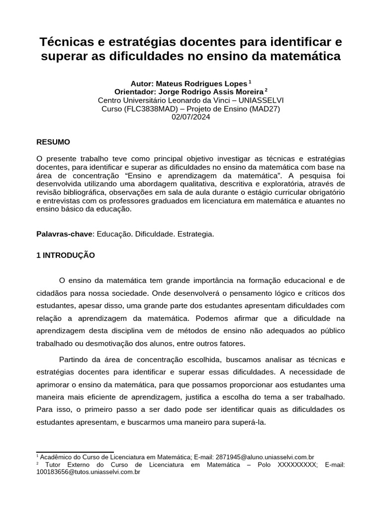 Modelo - Proj Ens Completo Edita | PDF | Aprendizado | Matemática