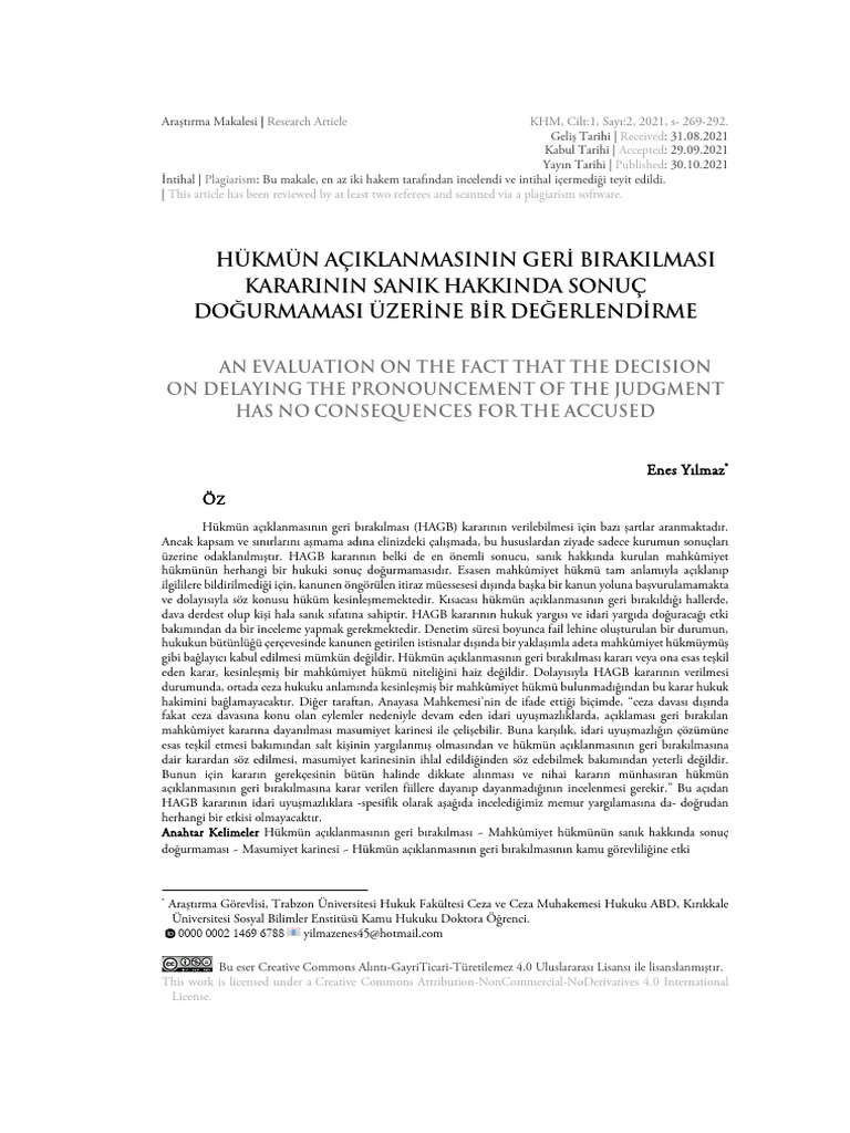 H KM N A Iklanmasinin Ger Birakilmasi Kararinin Sanik Hakkinda Sonu Do Urmamasi Zer Ne B R de ...