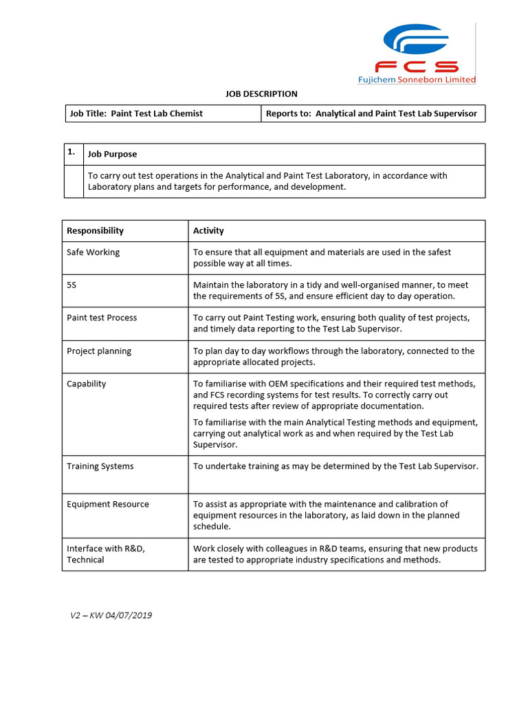 Paint Test Lab Chemist Job Description | PDF | Laboratories