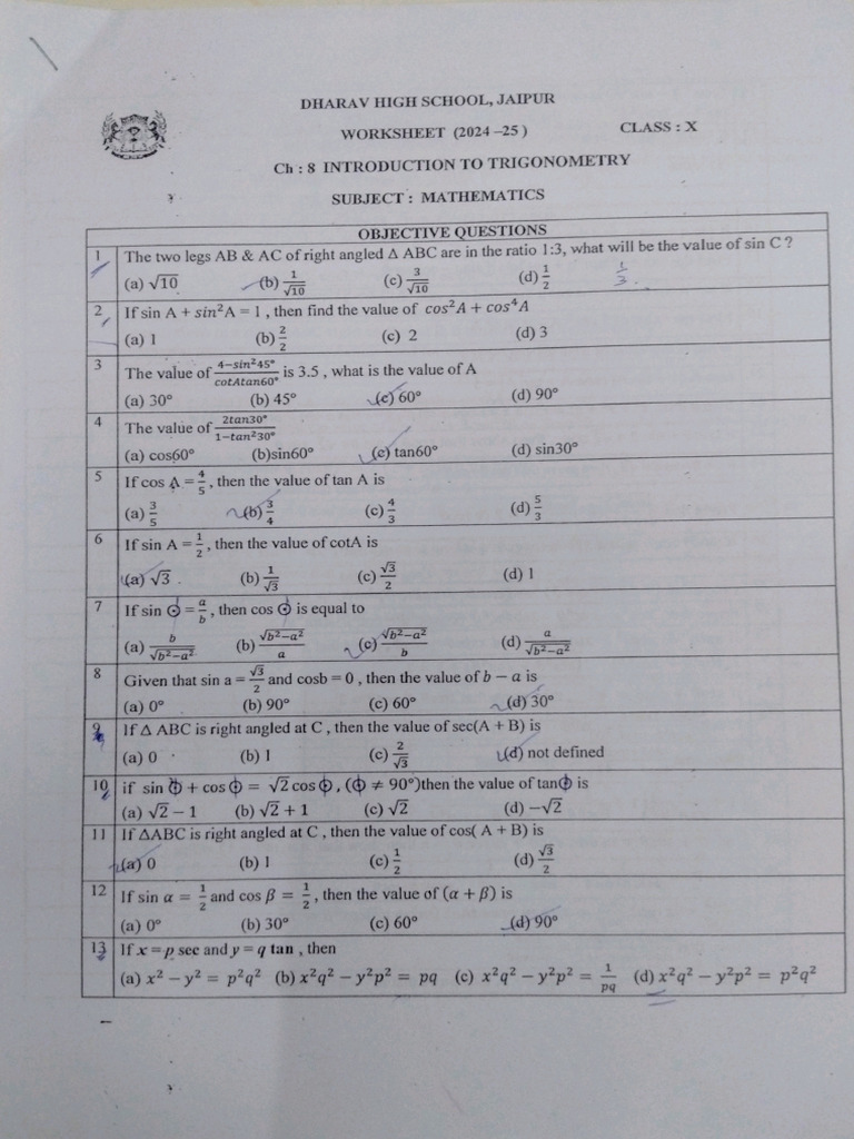 Ch-8 Trigonometry Worksheet | PDF