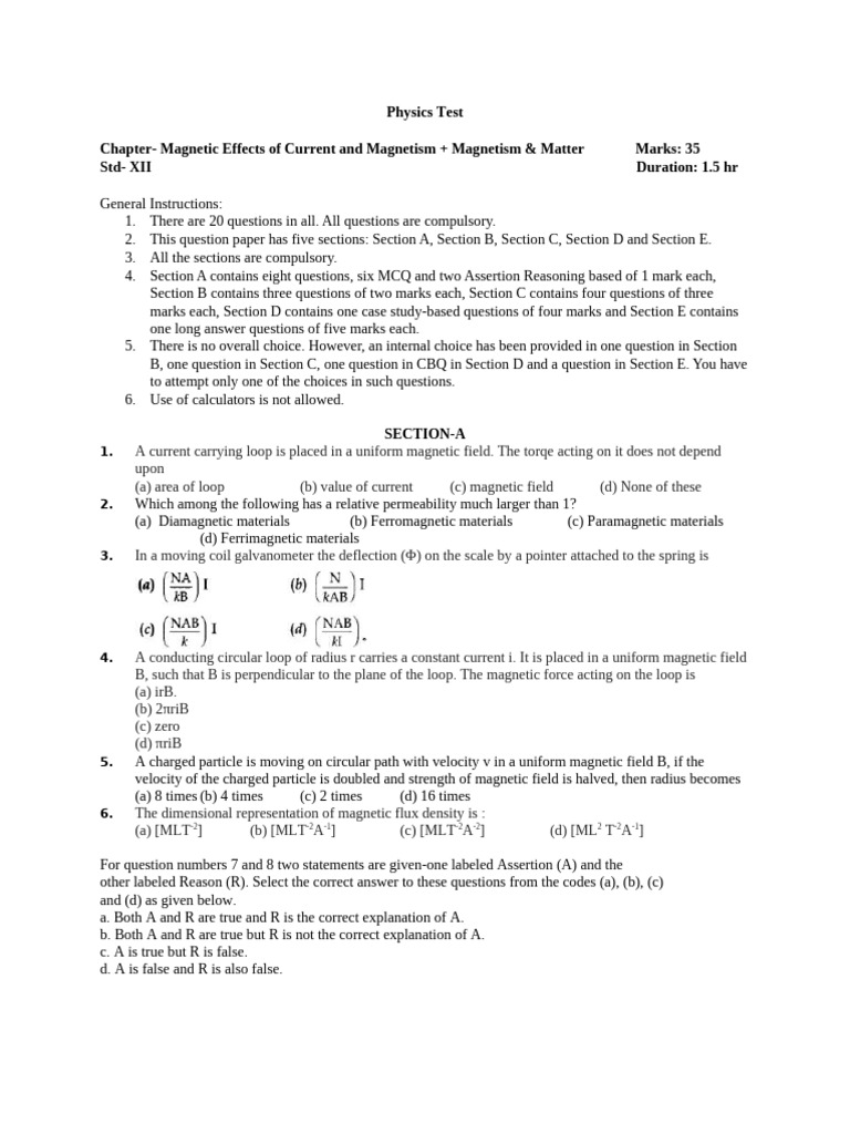 Magnetic Effects of Current Test Paper | PDF | Magnetism | Magnetic Field