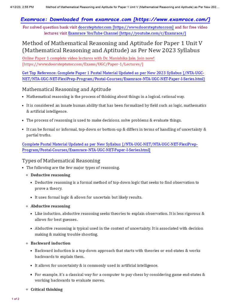 Unit V Mathematical Reasoning and Aptitude | PDF | Thought | Reason