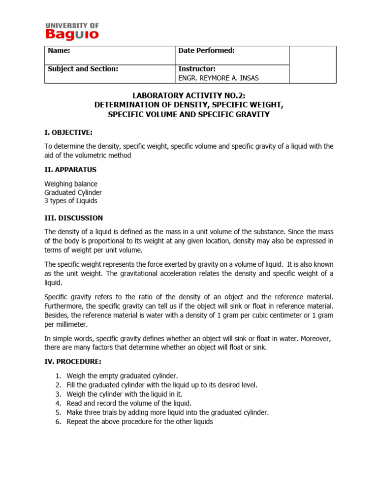 Density and Specific Gravity Lab Guide | PDF | Density | Weight