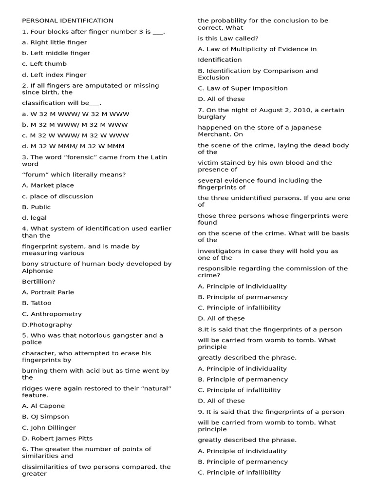 Personal Identification Practice Test | PDF | Fingerprint | Forensic ...