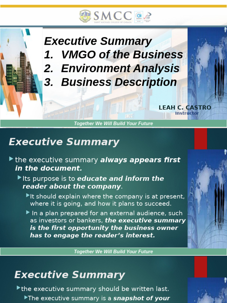 Executive Summary 1. VMGO of The Business 2. Environment Analysis 3 ...